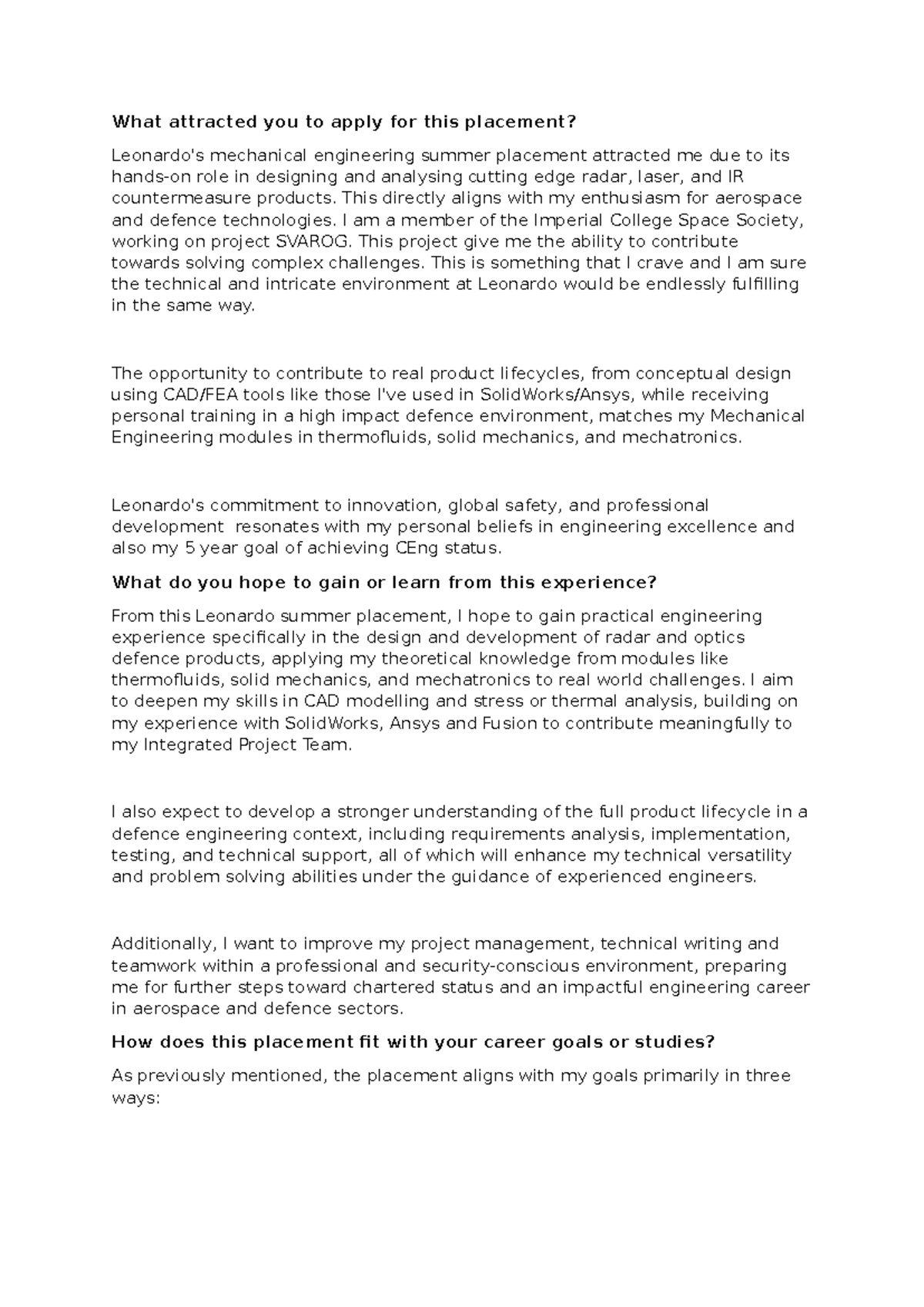 Leonardo Qs - Mechanical Engineering Summer Placement Insights - Studocu