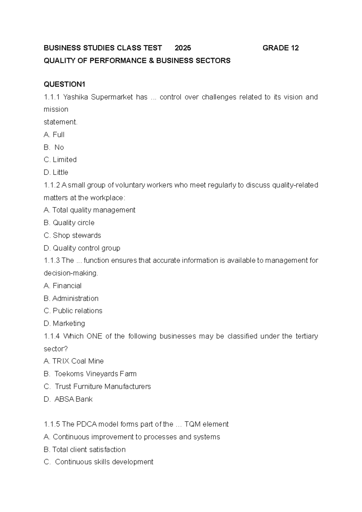 BUSINESS STUDIES GRADE 12 CLASS TEST 2025: TQM & Business Sectors - Studocu