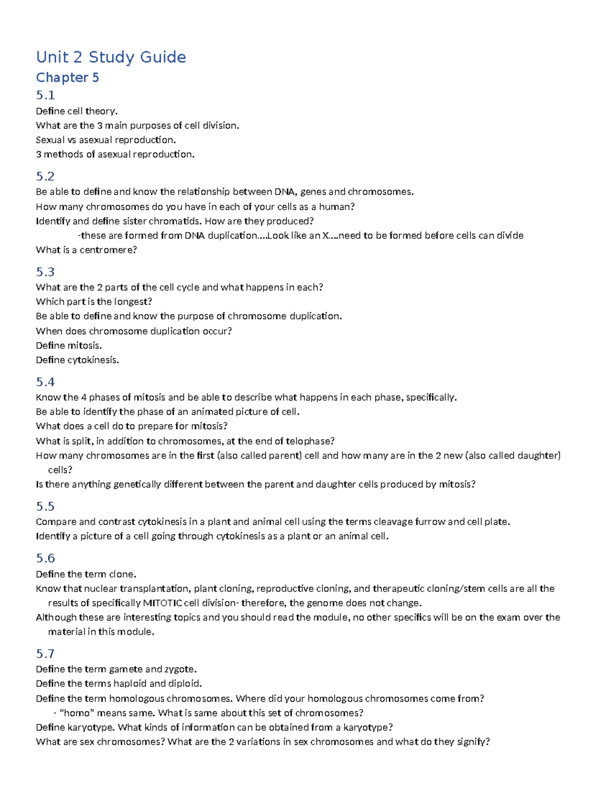 Unit 2 Study Guide: Mitosis, Meiosis, and Genetics Concepts - Unit 2 ...