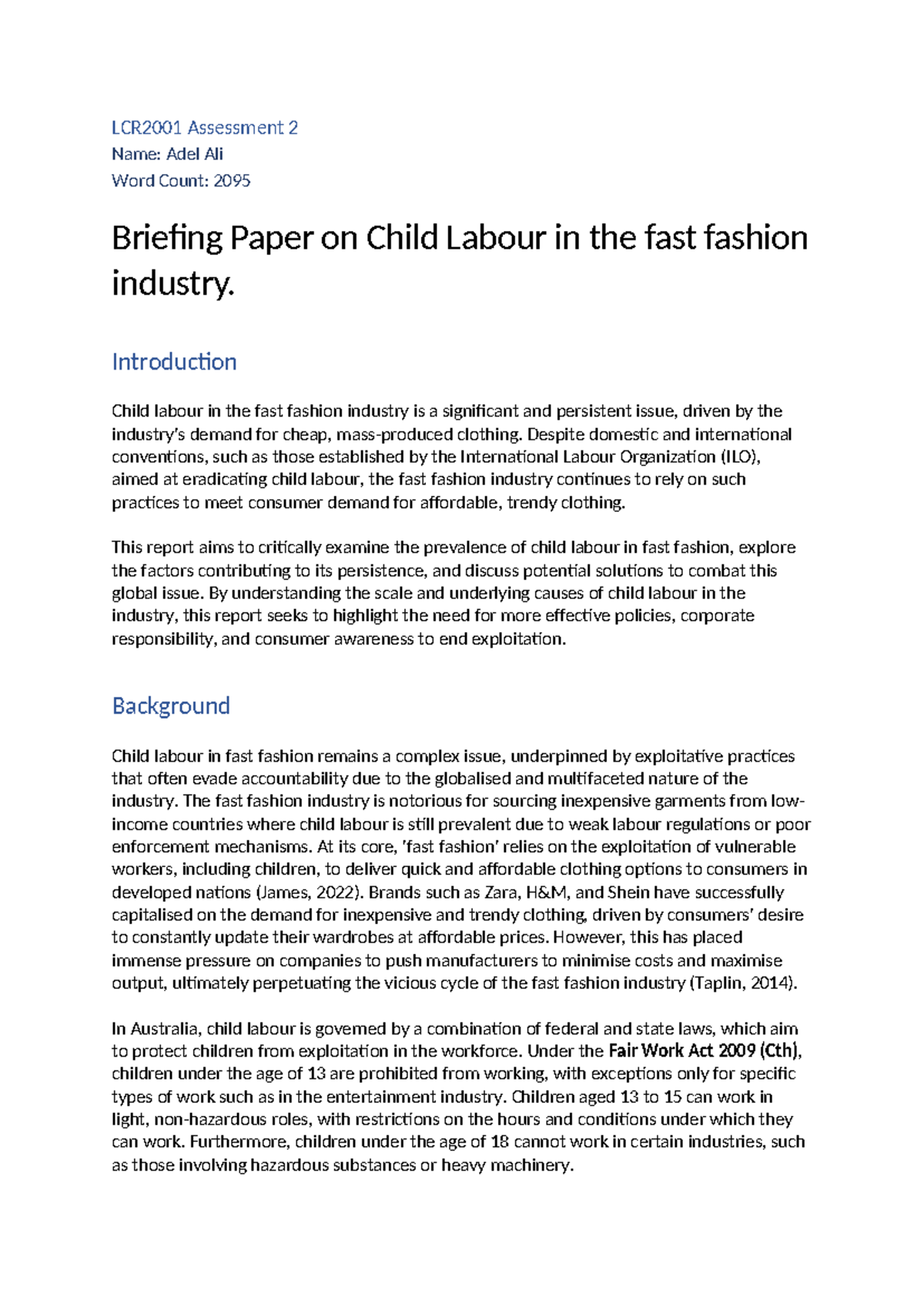 LCR2001 Assessment 2: Child Labour in the Fast Fashion Industry ...