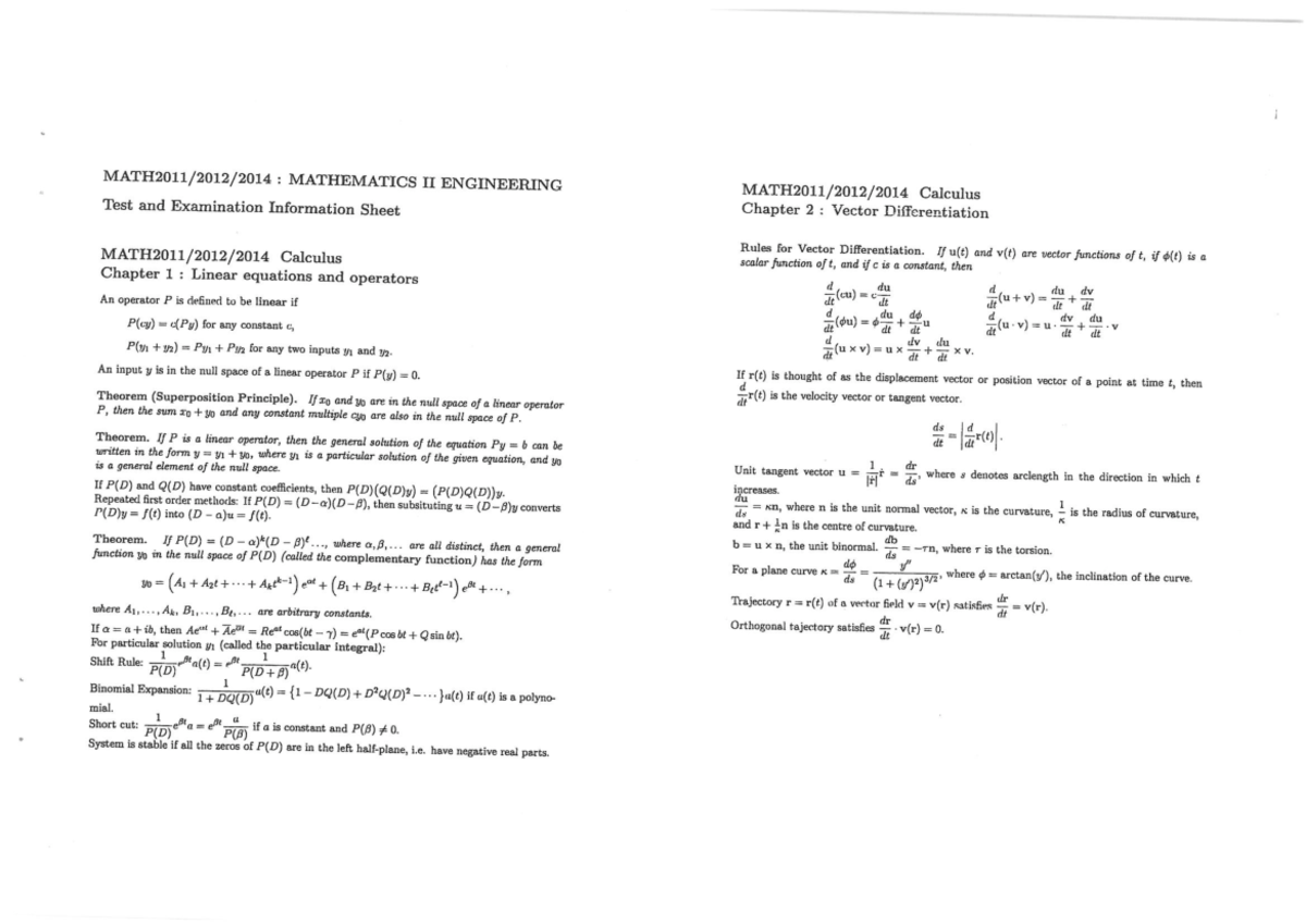 Mat2011 Final Exam Review Calculus Concepts And Vector Differentiation