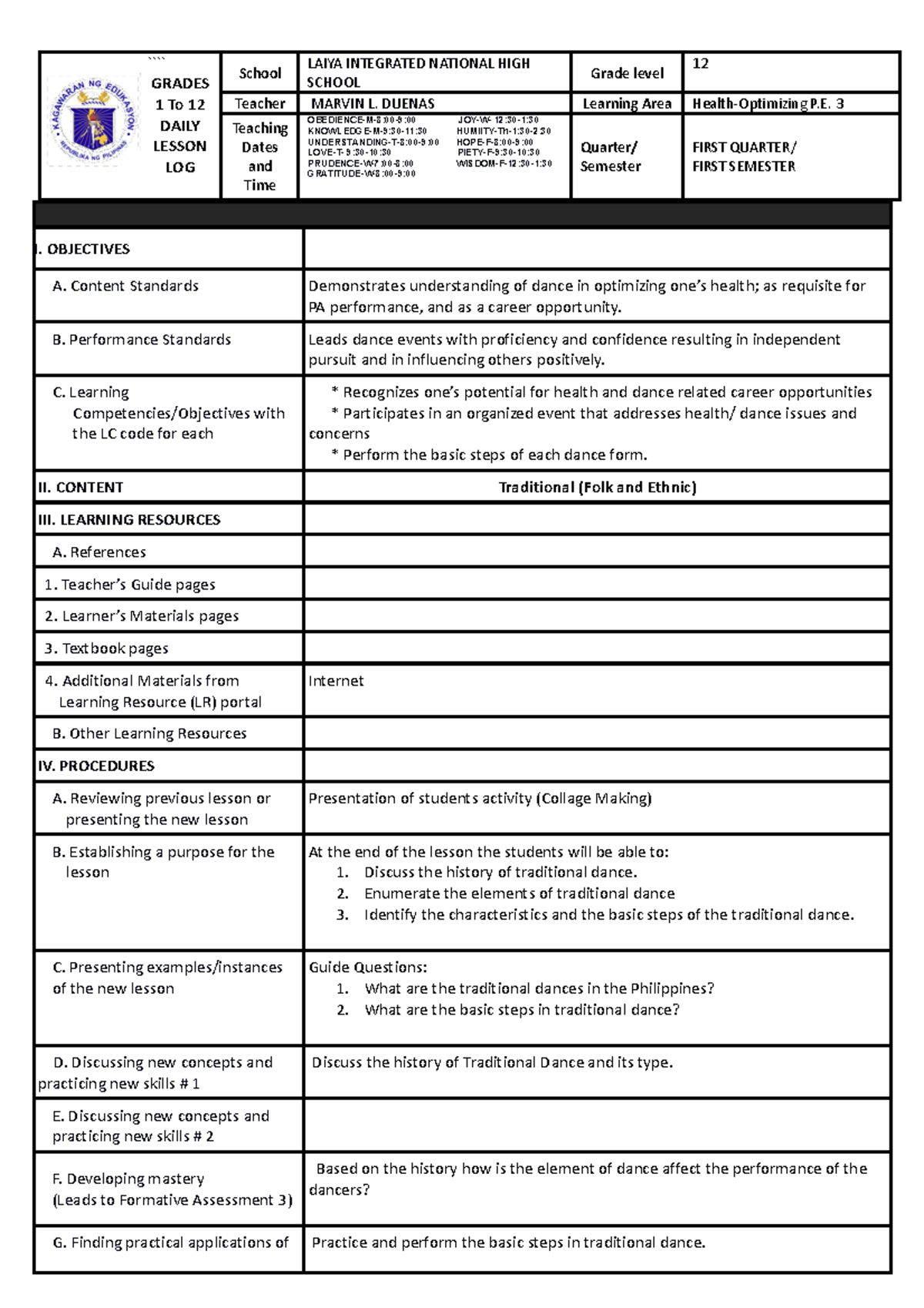 Week 5 DLL - Lesson Plan on Traditional Folk Dances for P.E. 3 - Studocu