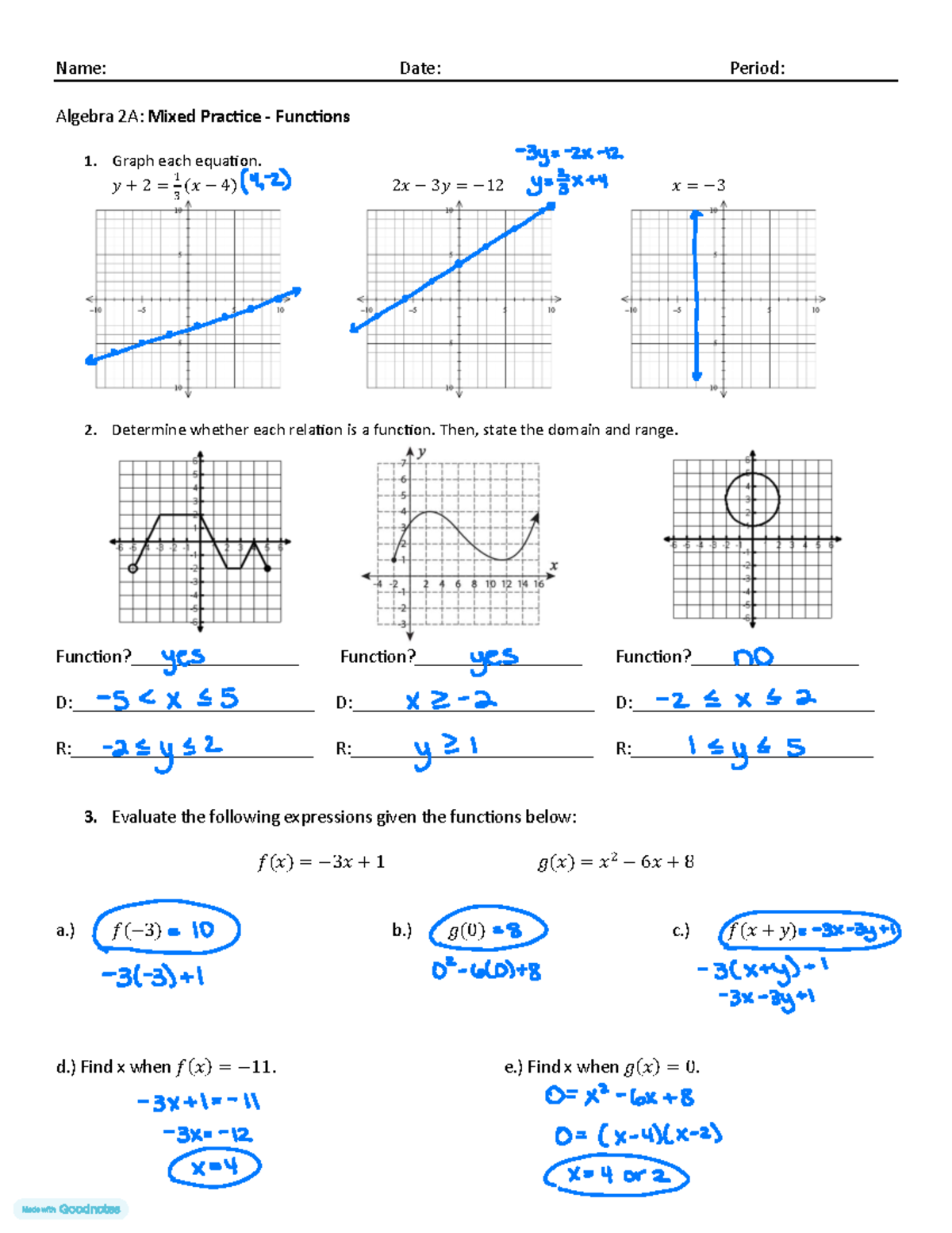 10-KEY Mixed Practice - Functions - Name: Date: Period: Algebra 2A ...