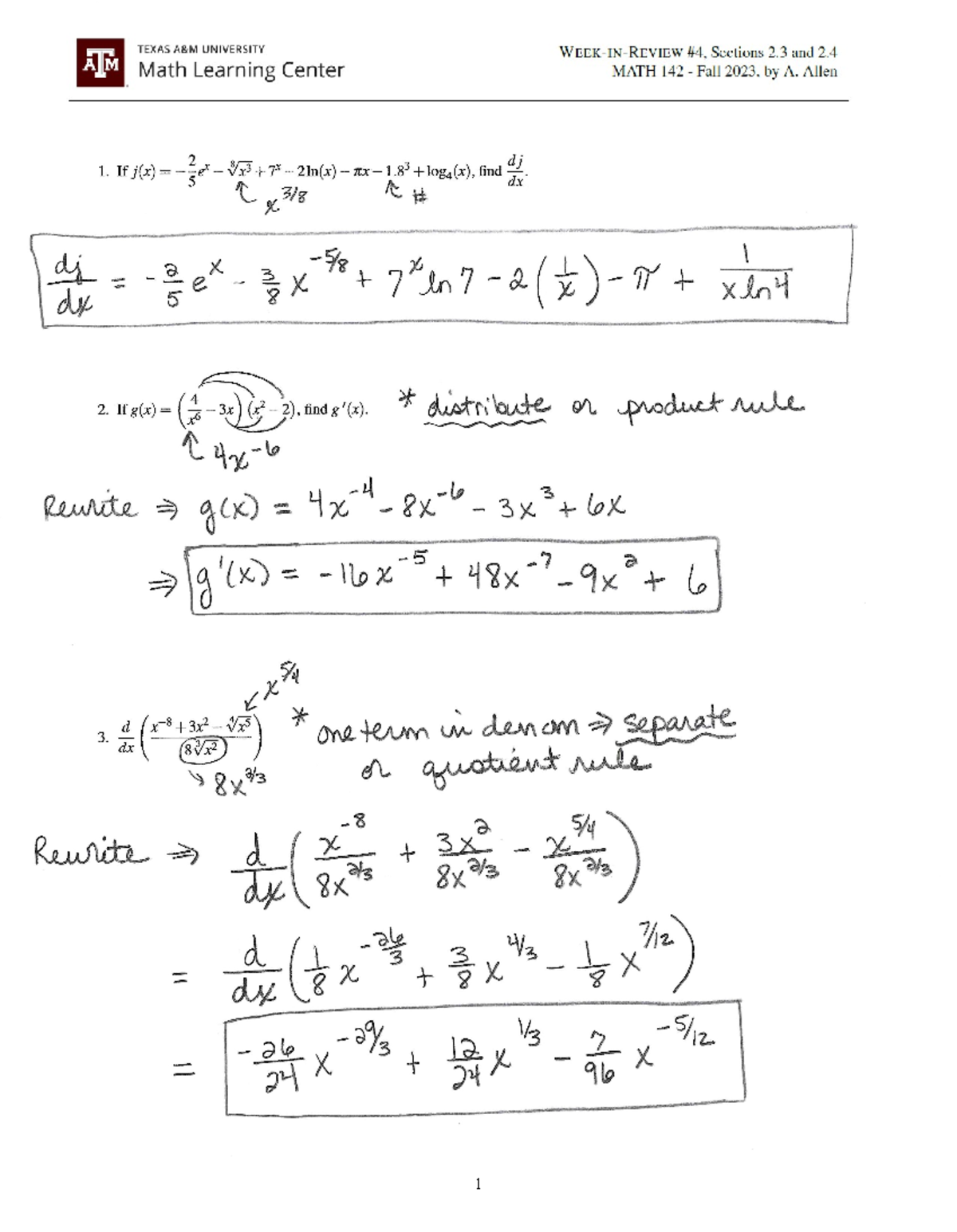 Solutions for MATH 142 Sections 2.3 & 2.4 - Fall 2023 by A. Allen - Studocu