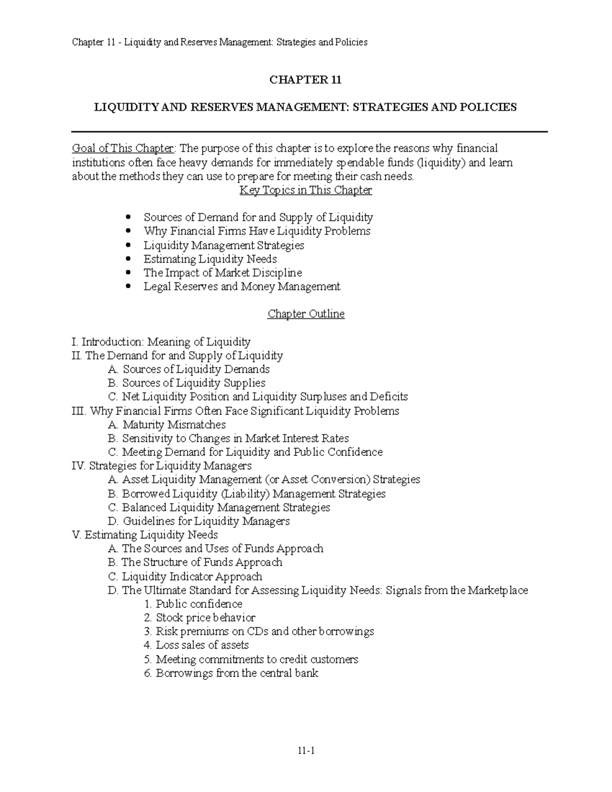MN 341 Chapter 11: Strategies for Liquidity & Reserves Management - Studocu