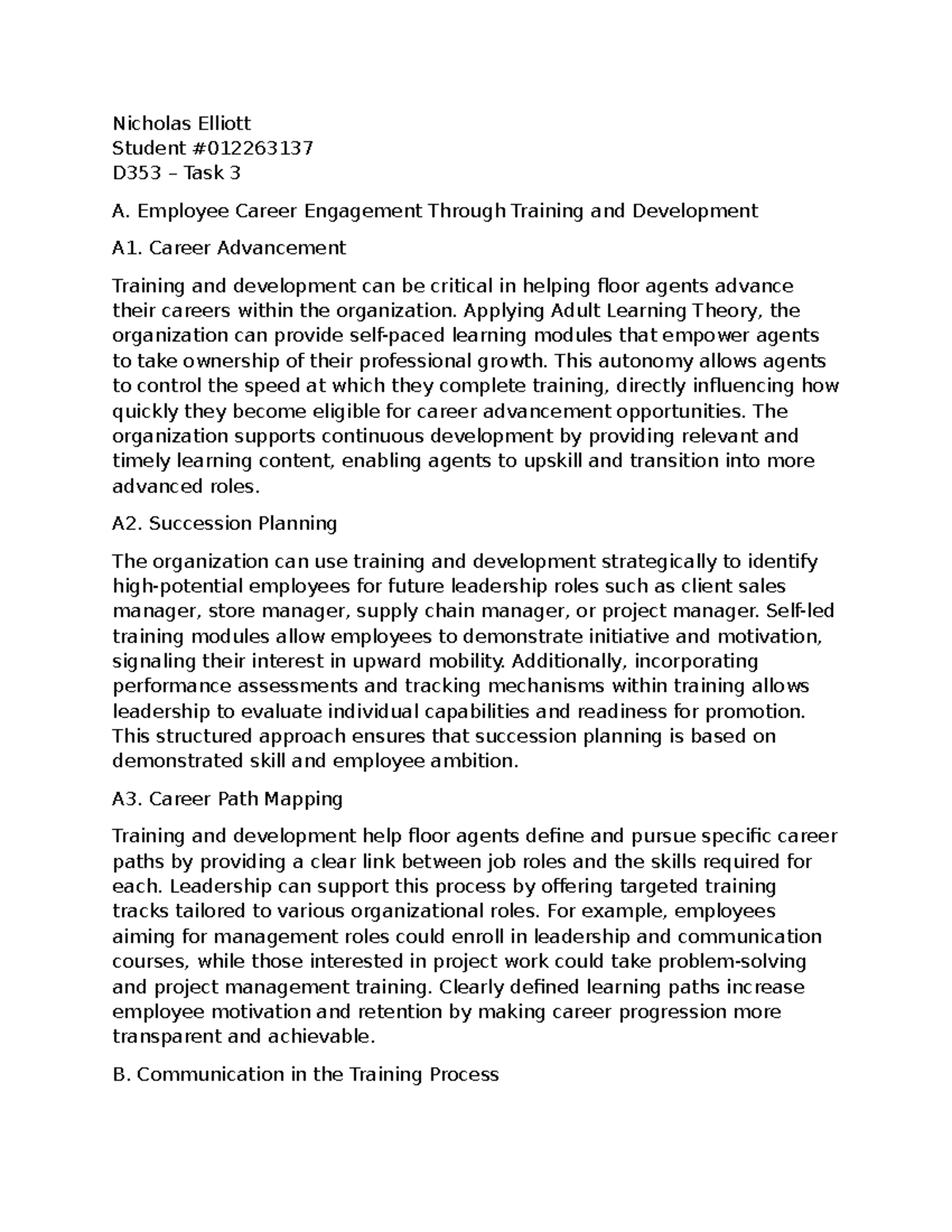D353 - Task 3: Enhancing Employee Career Engagement Through Training ...