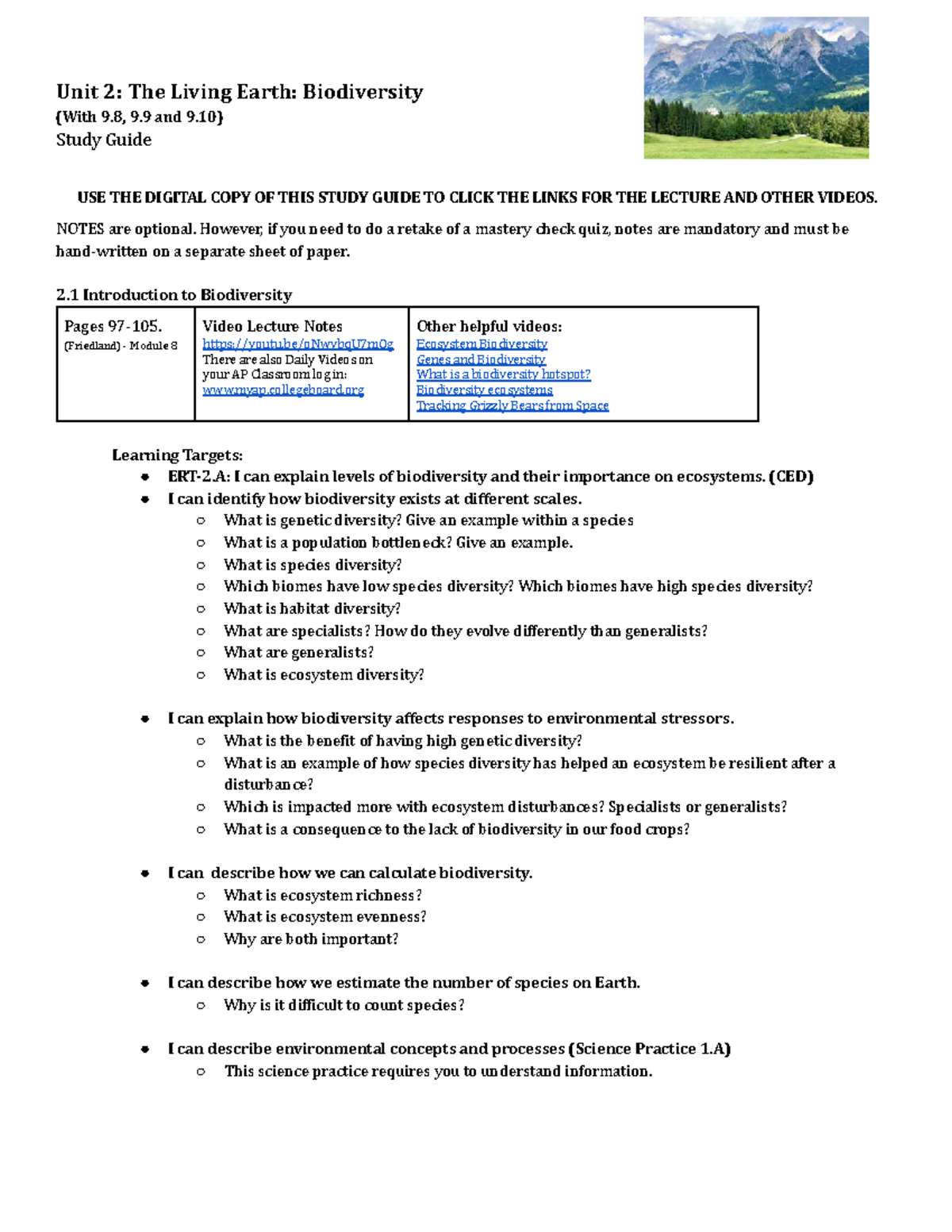 Unit 2: The Living Earth - Biodiversity Study Guide (9.8, 9.9, 9.10 ...