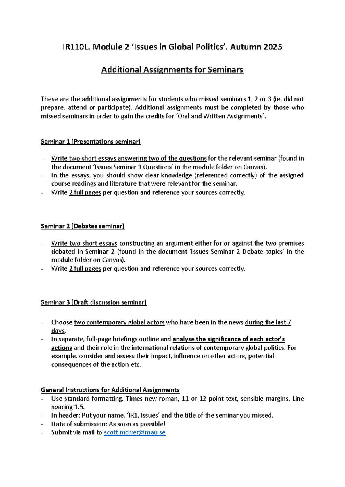 IR110L. Additional Assignments for Missed Seminars - Autumn 2025 - Studocu