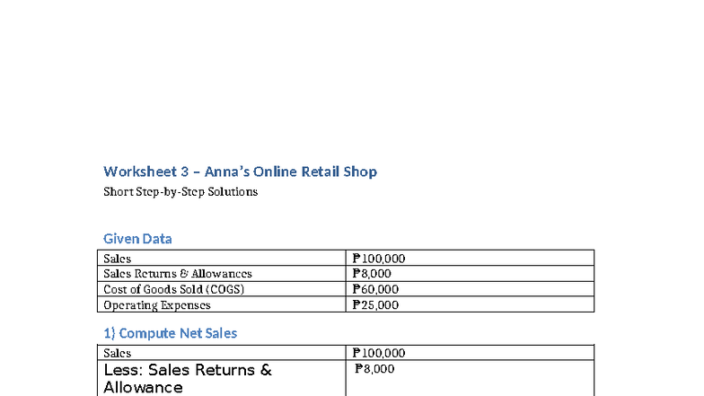 Worksheet 3: Online Retail Shop Solutions & Income Statement - Studocu