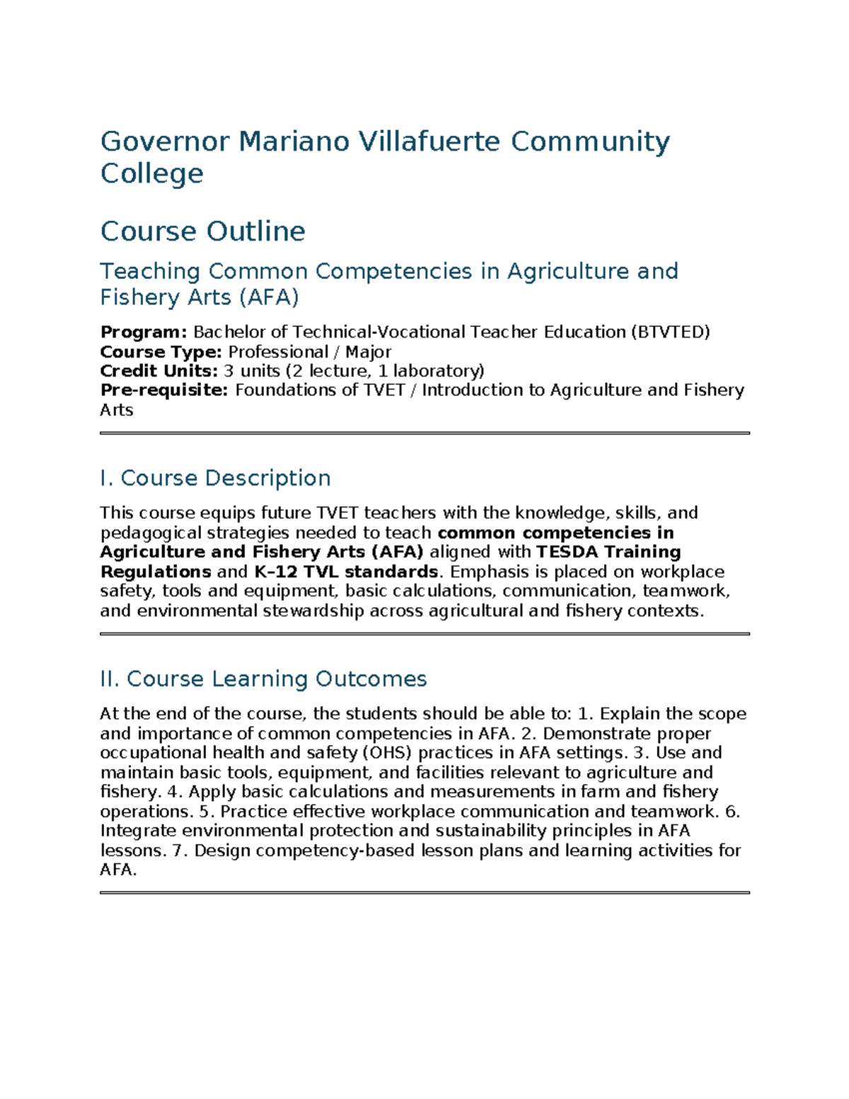 AFA Program Course Outline: Teaching Common Competencies in Agriculture ...