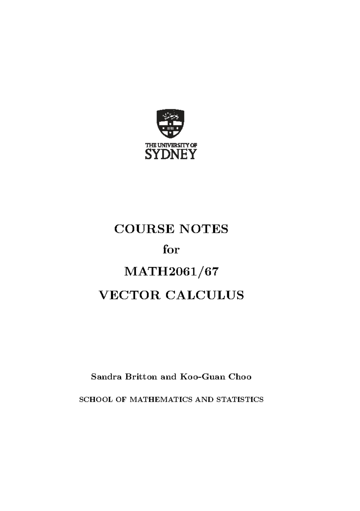 MATH2061 Vector Calculus Course Notes: Lines, Integrals, and Fields ...