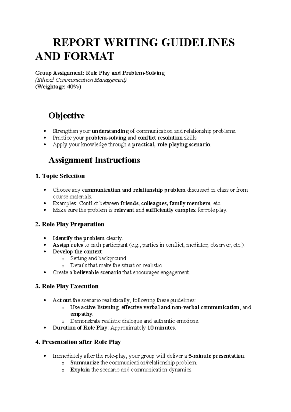 REPORT WRITING GUIDELINES FOR ROLE-PLAY ASSIGNMENT (40%) - Studocu