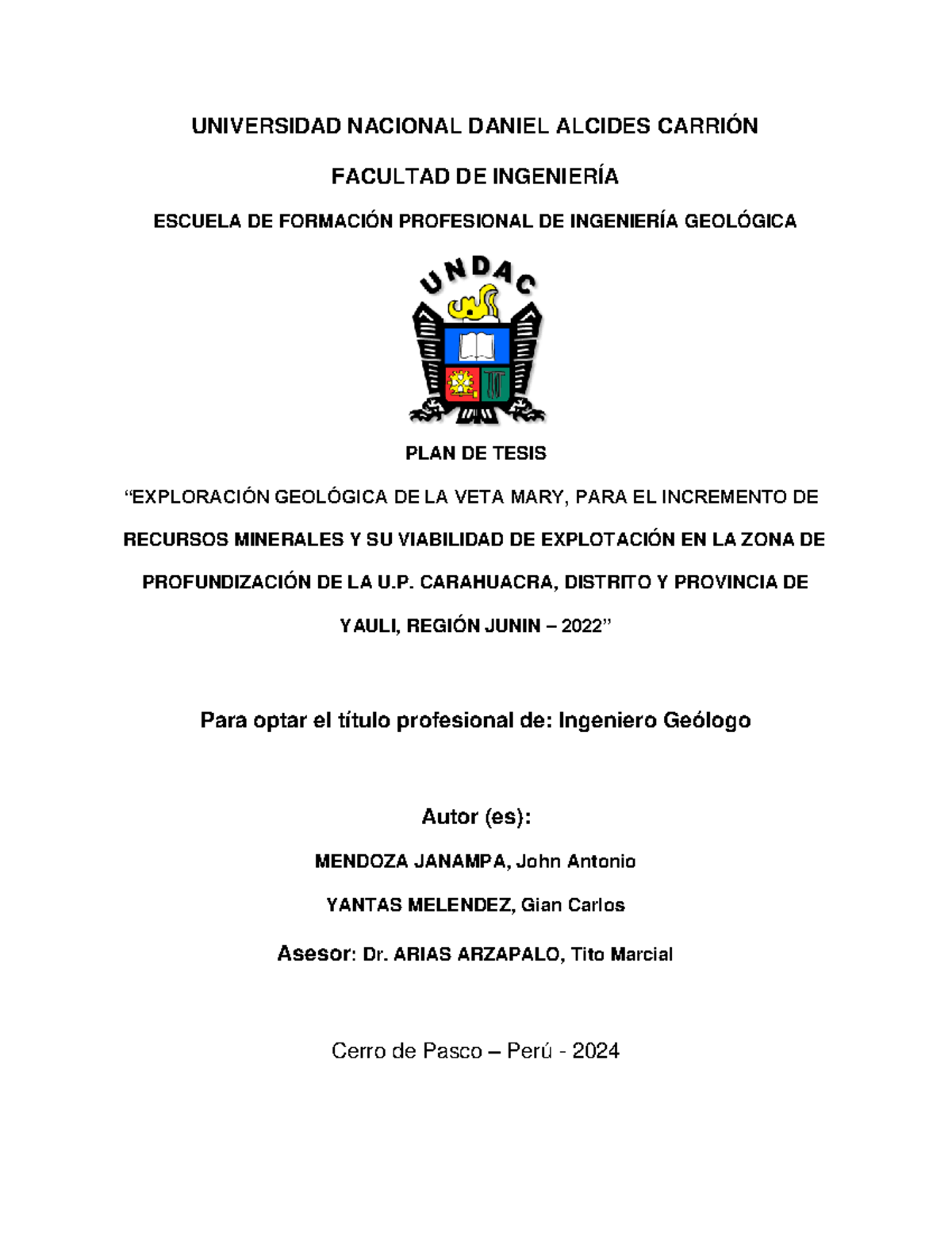 Plan de Tesis: Exploración Geológica de la Veta Mary - U.P. Carahuacra ...