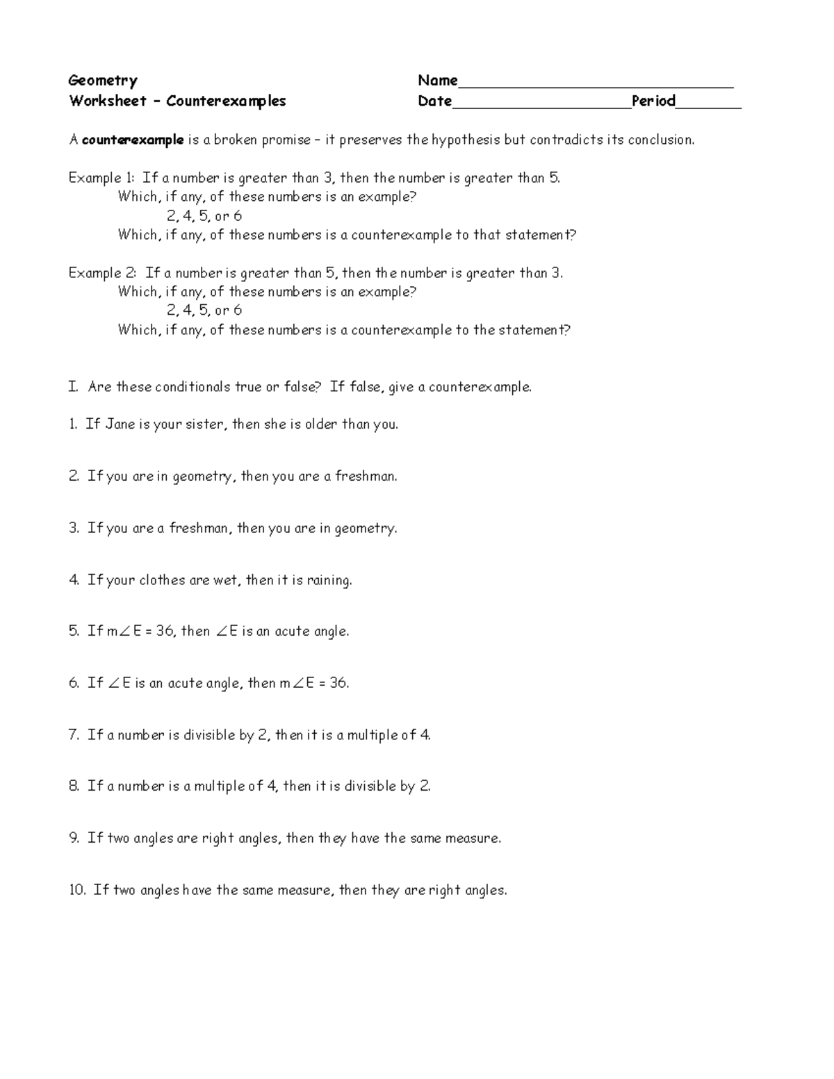 Geometry Worksheet Counterexamples Conditionals Studocu