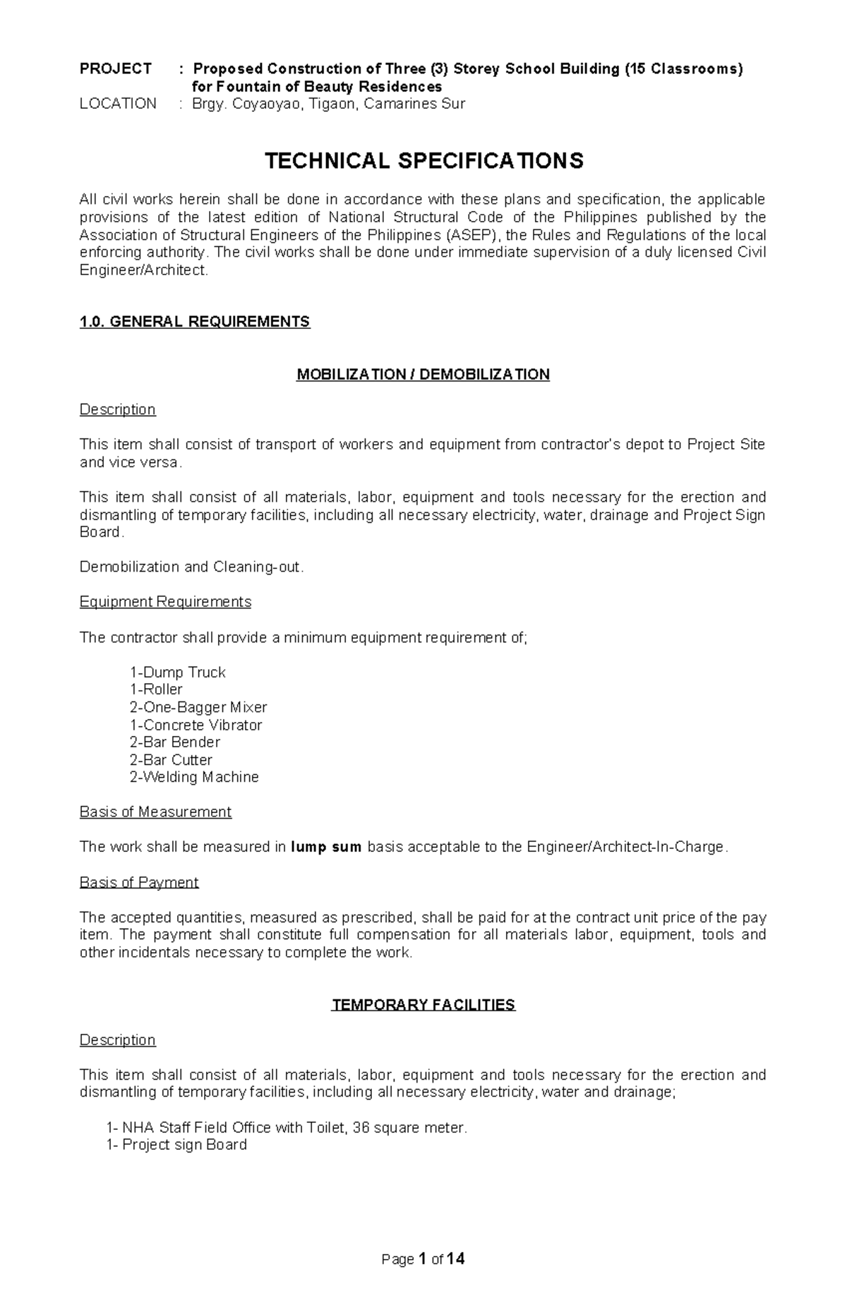 Revised Technical Specs-School Building FOBR Tigaon - for Fountain of Beauty Residences LOCATION ...