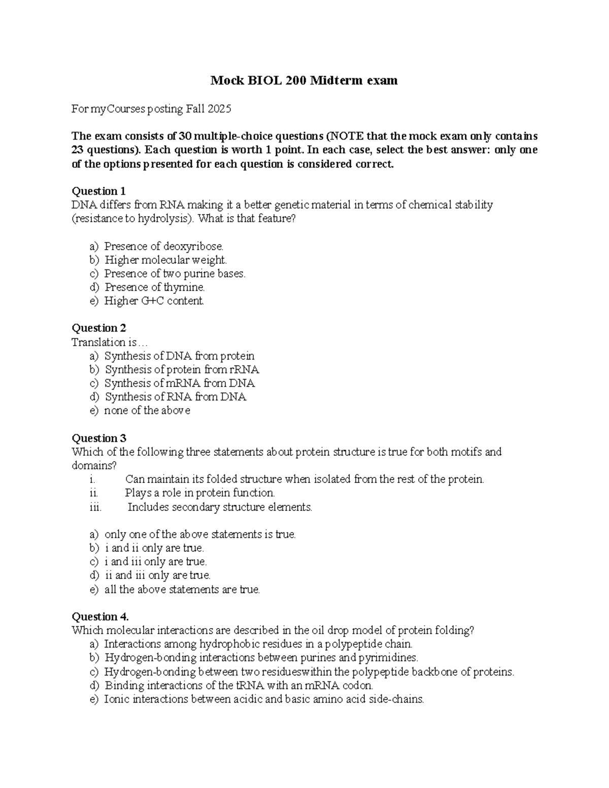Mock BIOL 200 Midterm Exam (Fall 2025) - No Answers Included - Studocu
