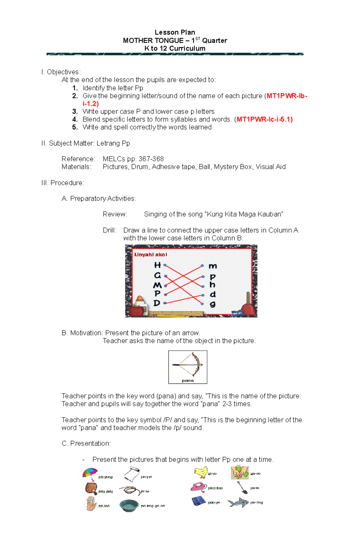 01-1Q-Lesson Plan: Teaching Letter Pp in MTB 1 Letrang Pp - Studocu