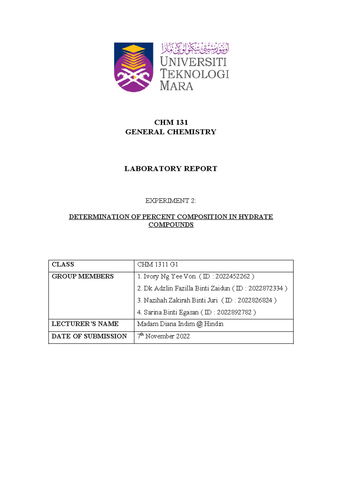 Experiment 2 Lab Report Determination of Percent Composition in Hydrate Compounds 101815 - CHM ...