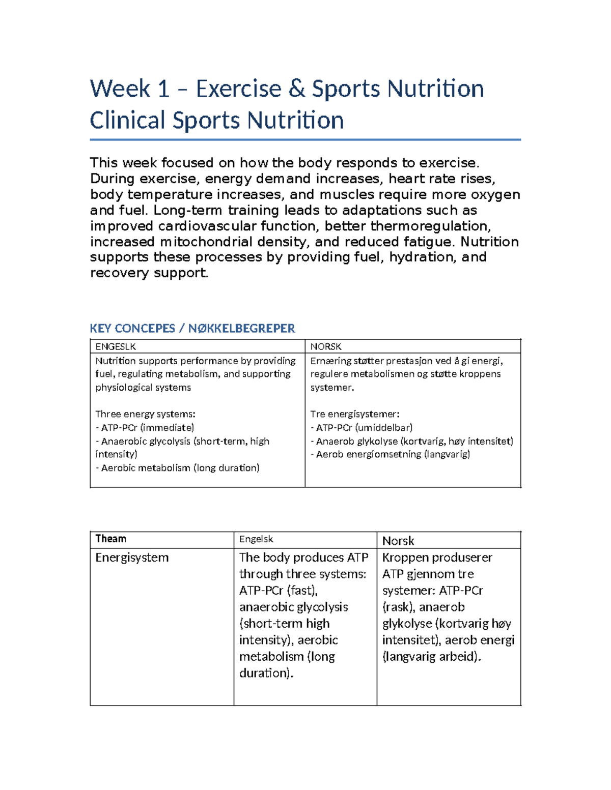 WEEK 1 Exercise Nutrition Summary: Key Concepts & Strategies - Studocu