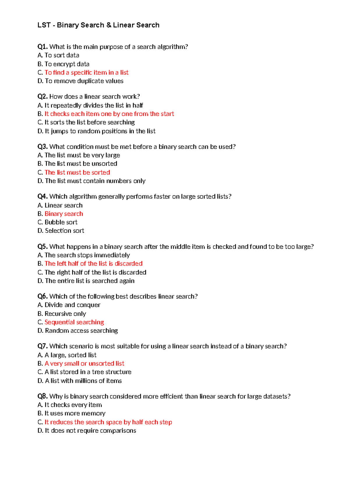 LST - Binary & Linear Search Algorithms: Q&A Guide - Studocu