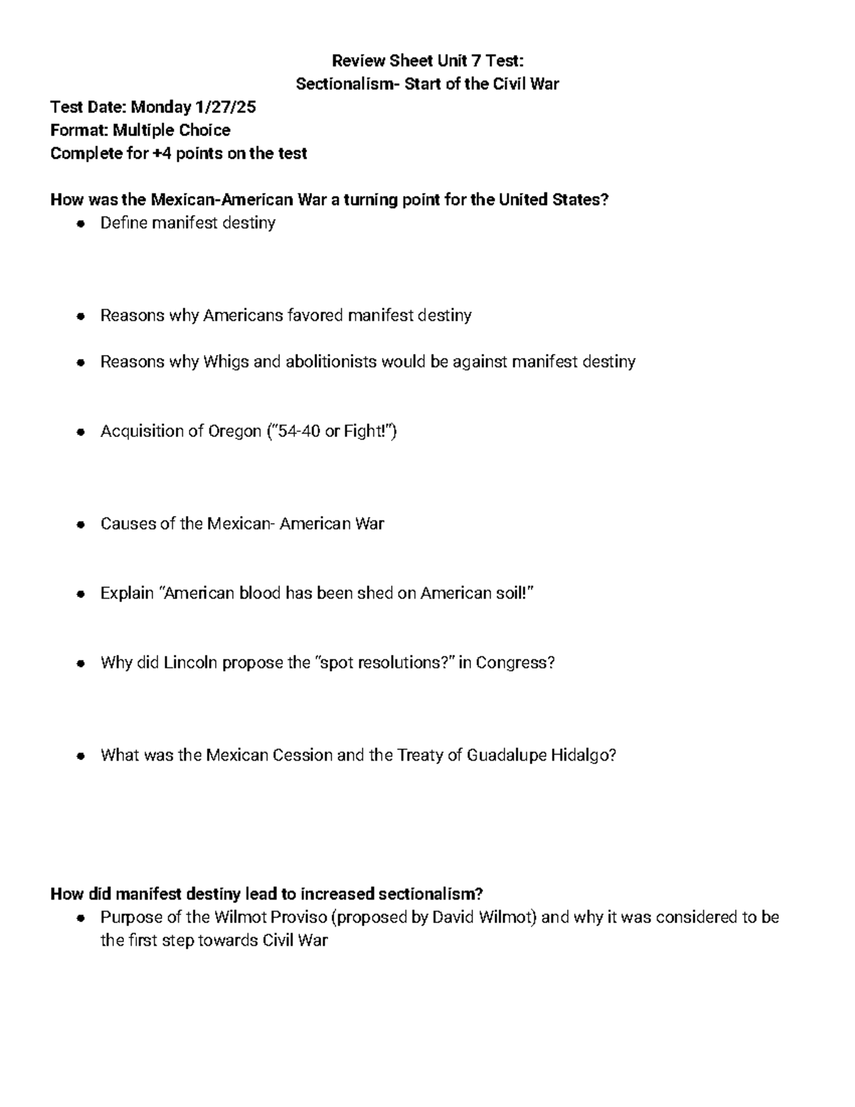 Unit 7 - Sectionalism Template - Review Sheet Unit 7 Test: Sectionalism ...