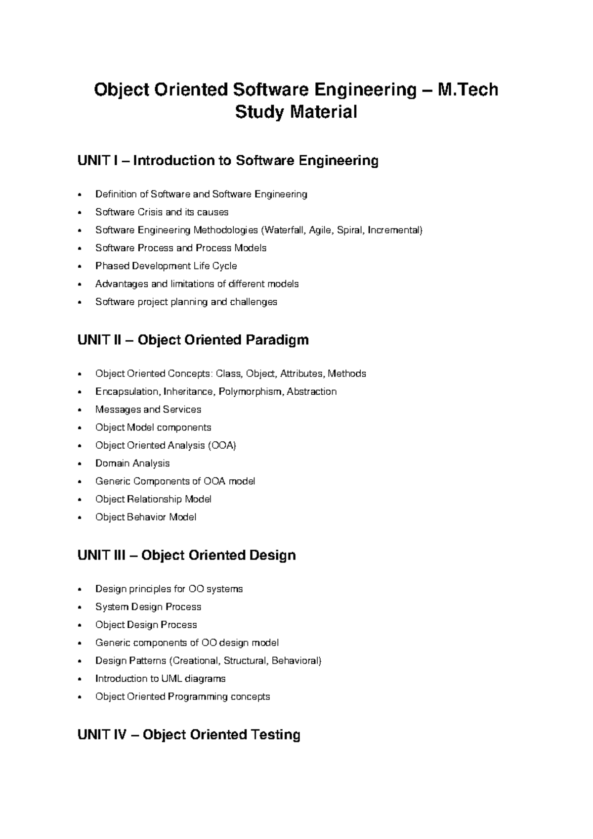 M.Tech Object Oriented Software Engineering Notes: Comprehensive Study ...