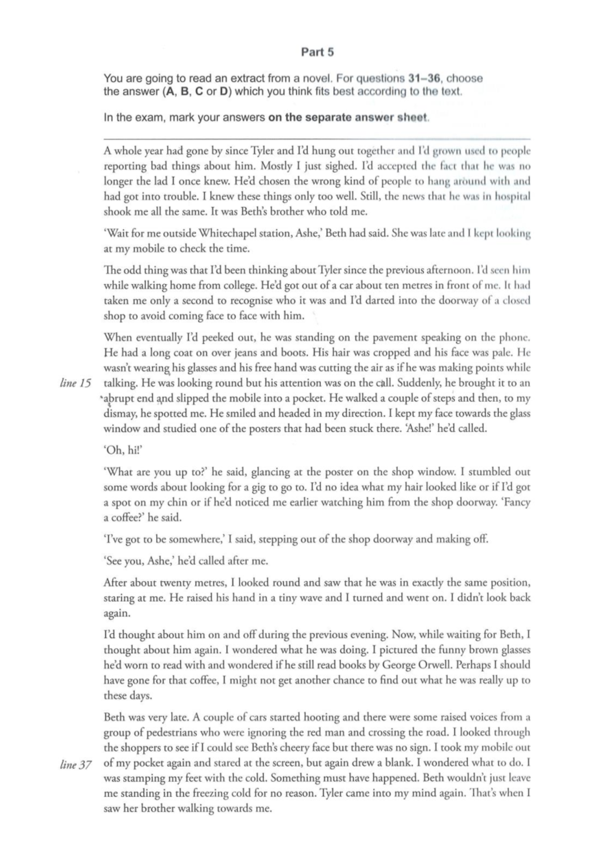 Test Reading 2: Exam Extract with Character Analysis and Comprehension ...