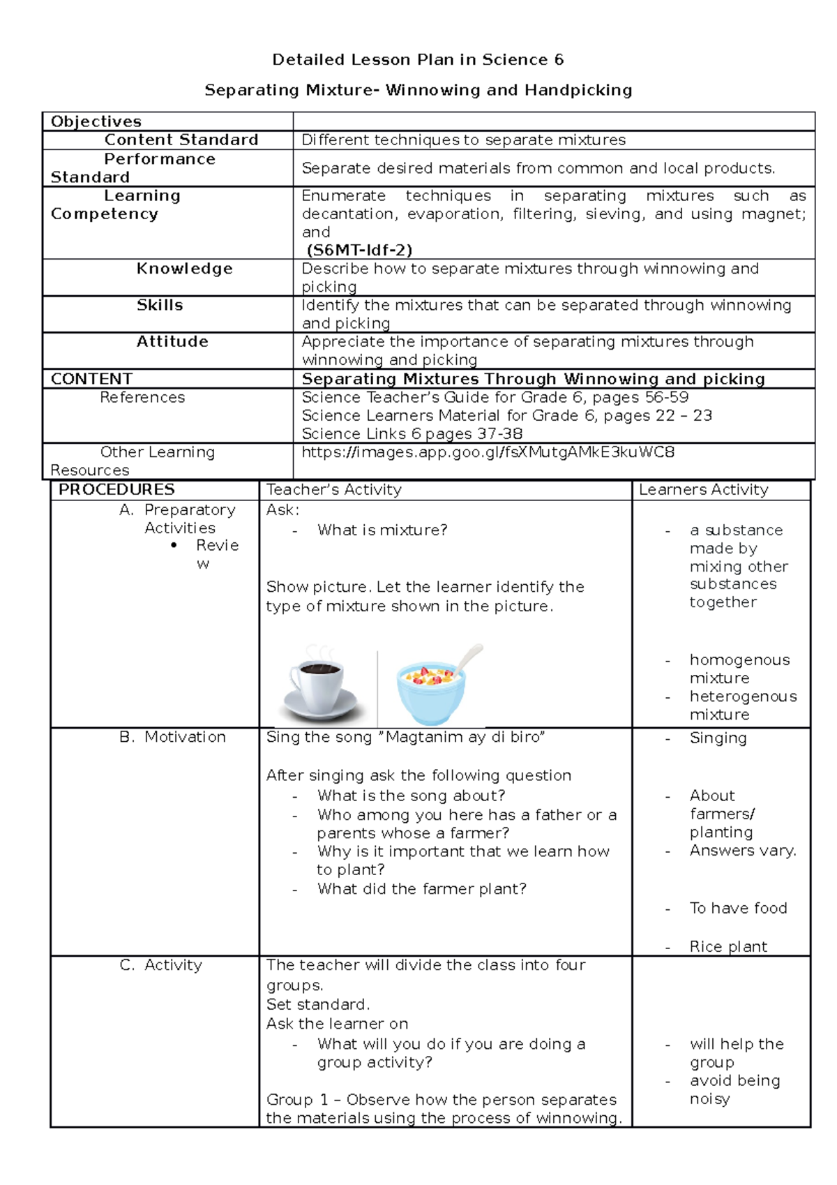 DLP-Sci 6: Detailed Lesson Plan on Separating Mixtures Methods - Studocu