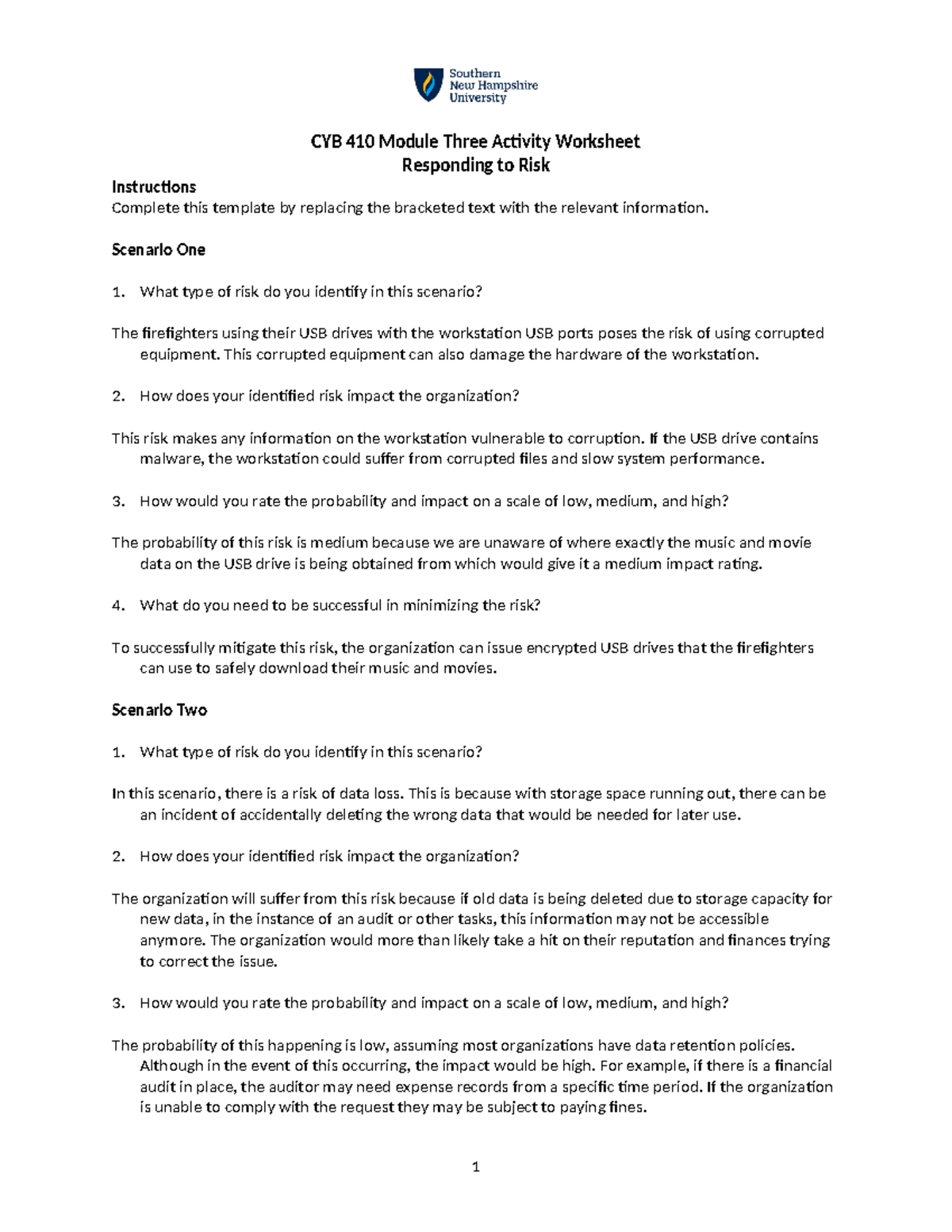 CYB 410 Module Three Activity Worksheet: Risk Identification ...