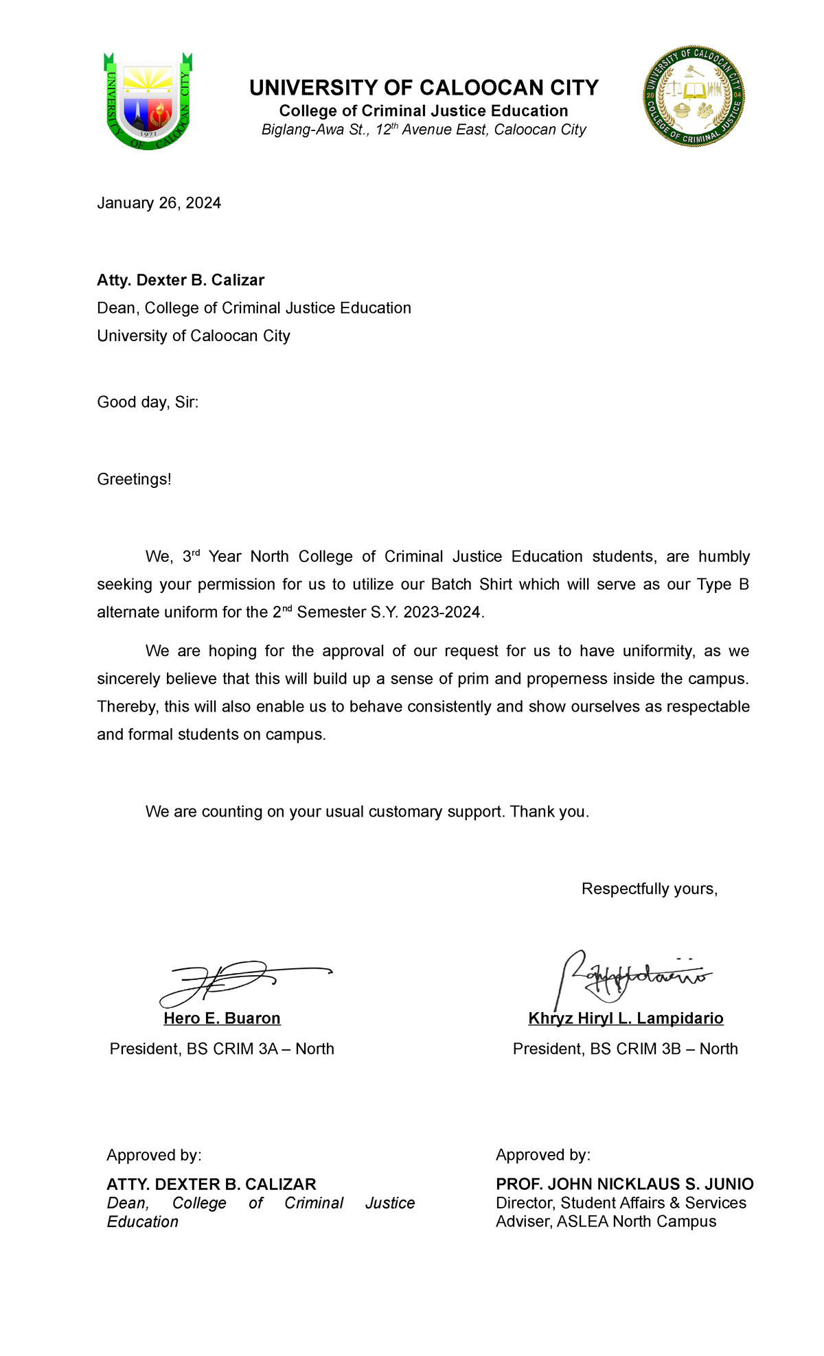 Request Letter for 2nd Sem Batch Shirt Uniform - BS CRIM 3A - Studocu