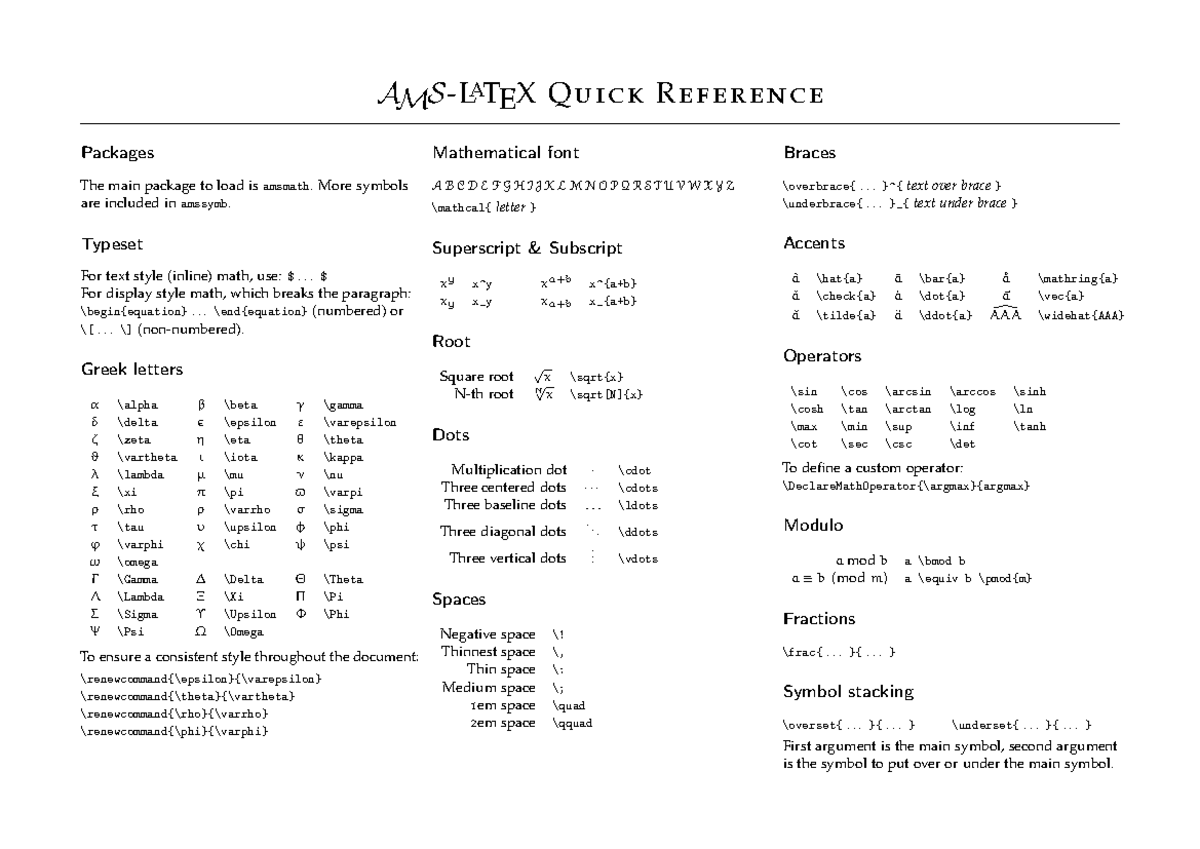 LaTeX Quick Reference: Essential Packages & Mathematical Symbols - Studocu