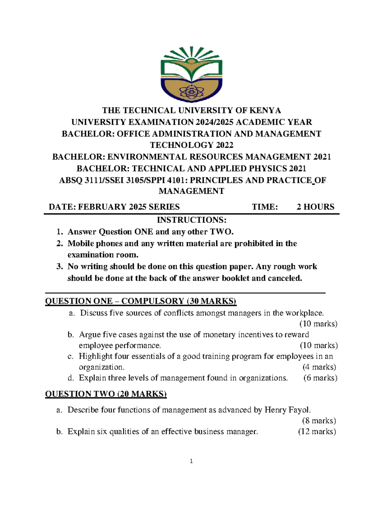 ABSQ 4101: Principles of Management Exam Notes - Feb 2025 - Studocu
