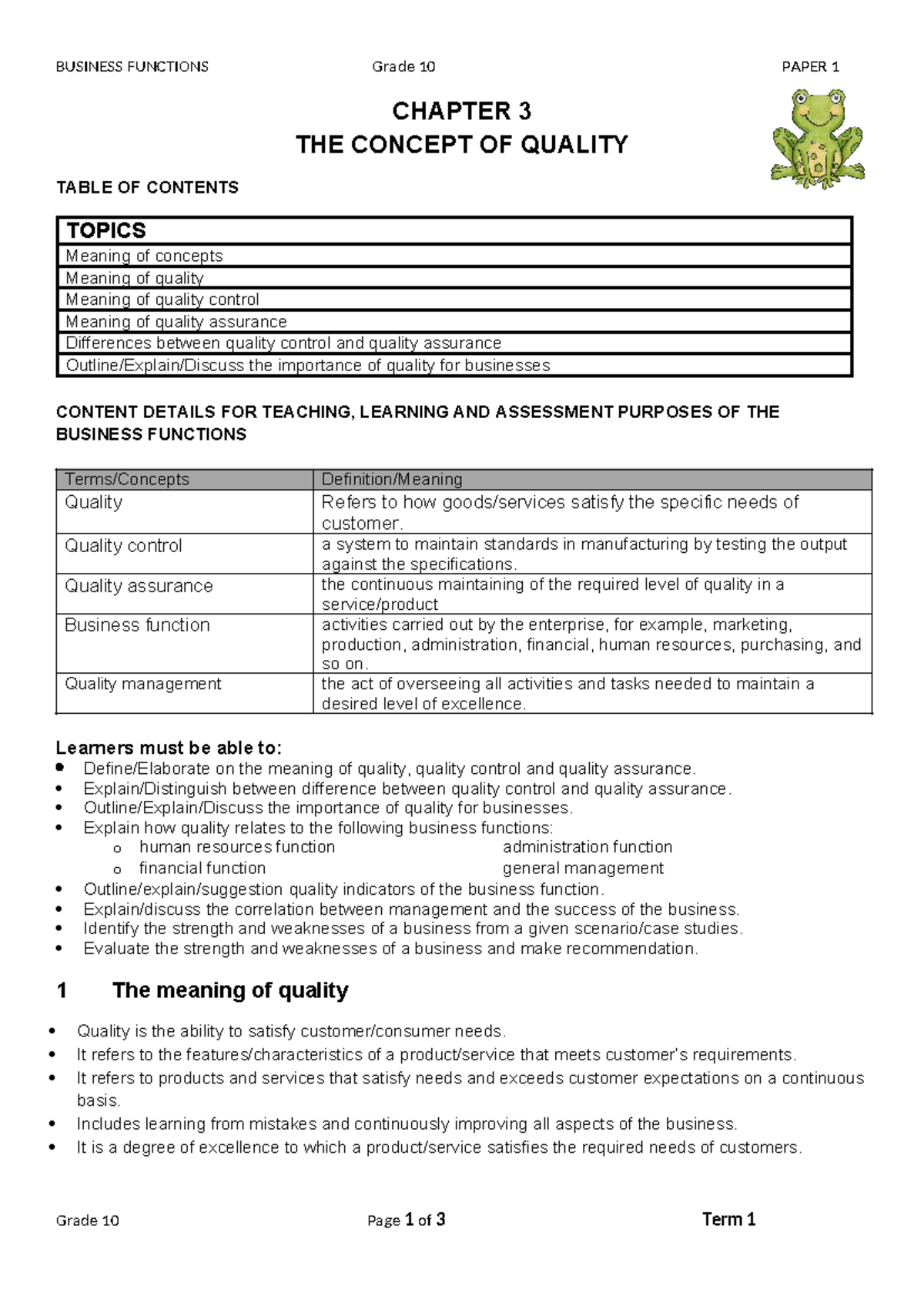 BUSINESS FUNCTIONS GRADE 10 PAPER 1 CHAPTER 3: THE CONCEPT OF QUALITY ...