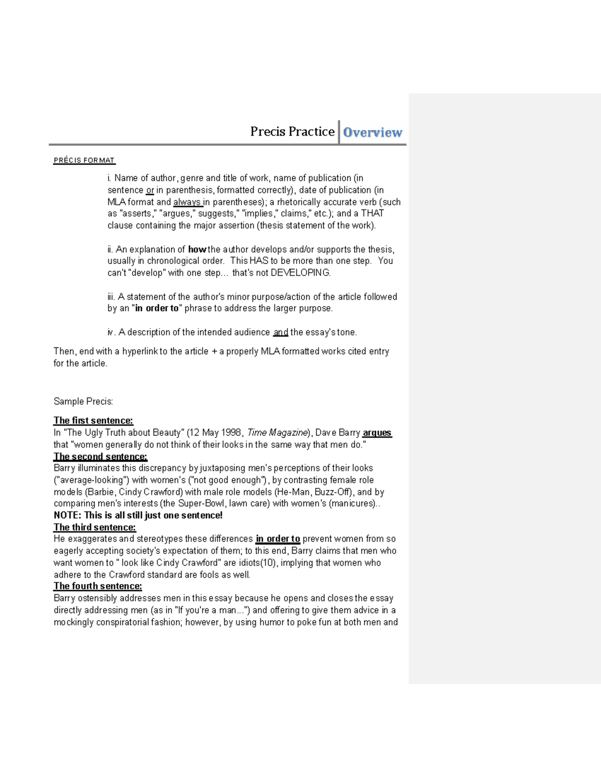 PRÉCIS Format Guidelines and Sample Overview - Studocu