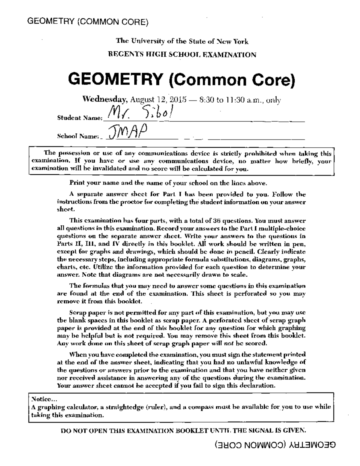 Geometry (Common Core) Regents Exam - August 2015 Answer Key and Work ...