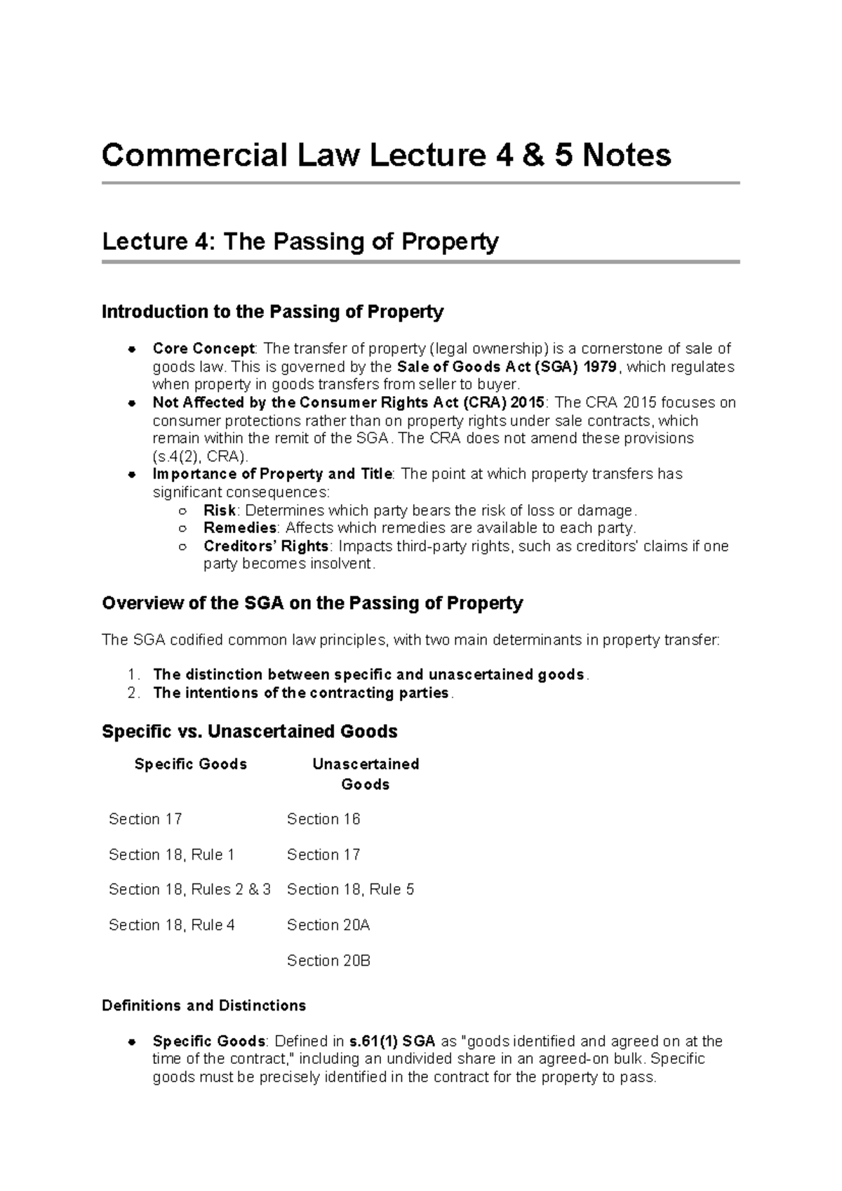 Commercial Law L4 & L5: Notes on Property Transfer & Risk Management ...