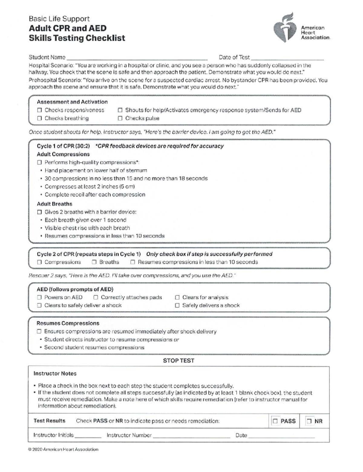 BLS 2020 Skills Testing Checklist: Adult CPR & AED - Studocu