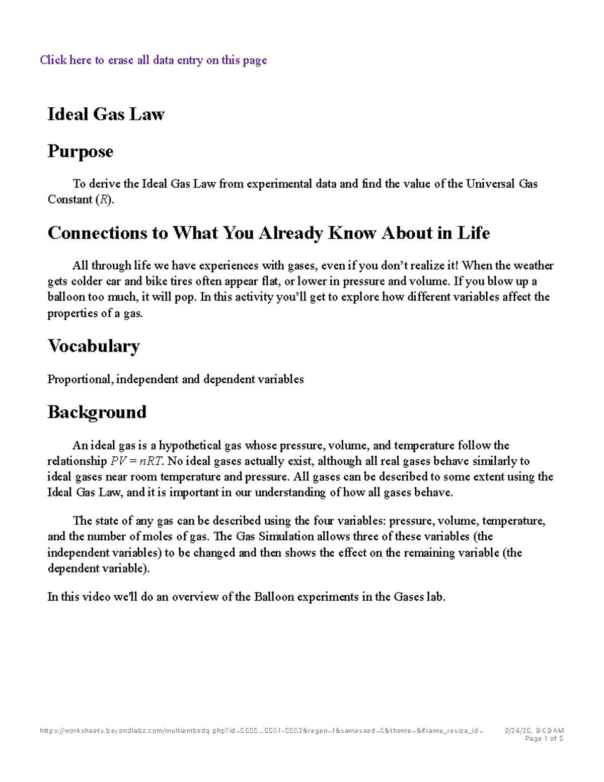 Ideal gas law lab report (course code: BZ101) - Studocu