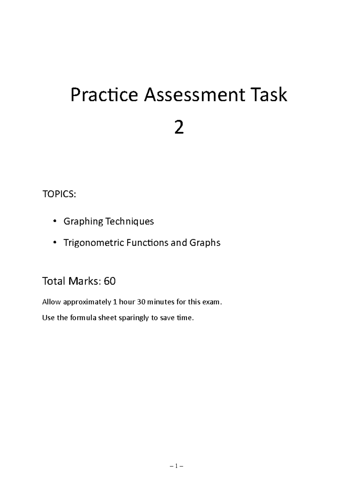 Graphing Techniques Exam: Trigonometric Functions & Graphs (Assessment ...