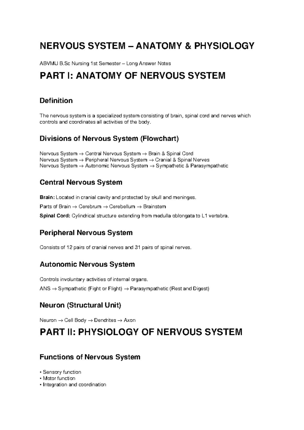 Nervous System Anatomy & Physiology Notes ABVMU B.Sc Nursing 1st Sem ...