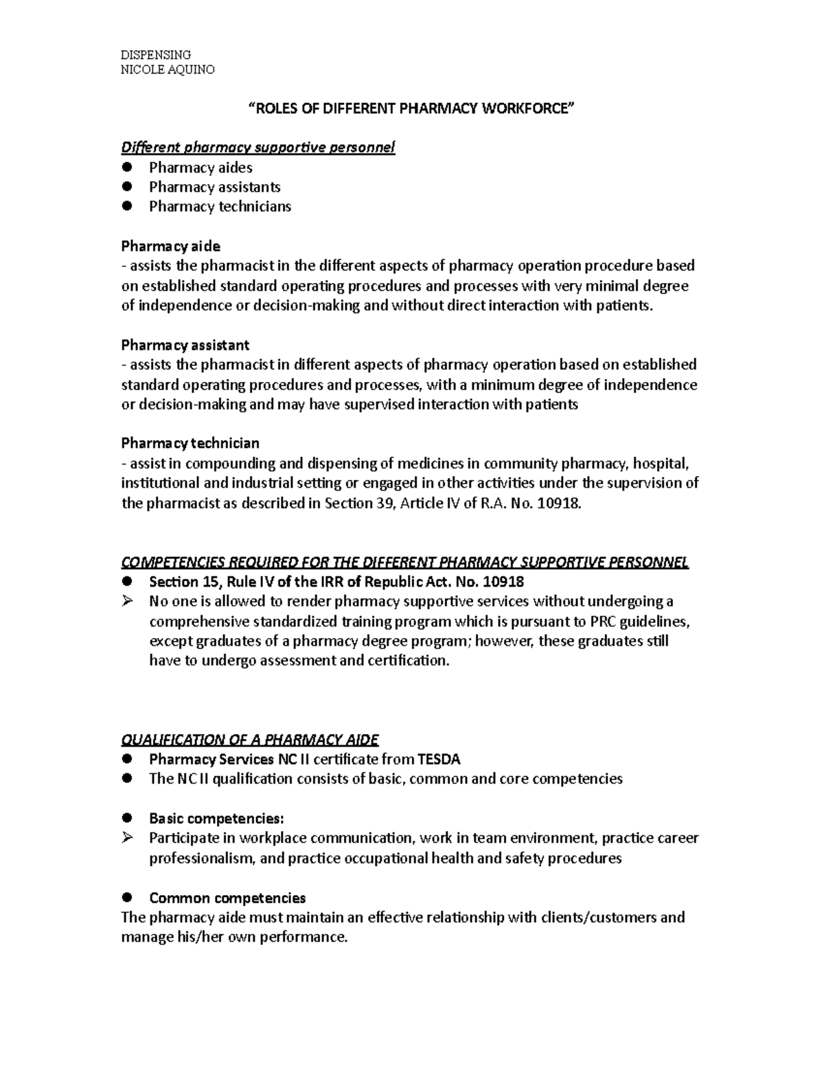 Dispensing 3 Lec Roles OF Different Pharmacy Workforce - DISPENSING NICOLE AQUINO “ROLES OF ...