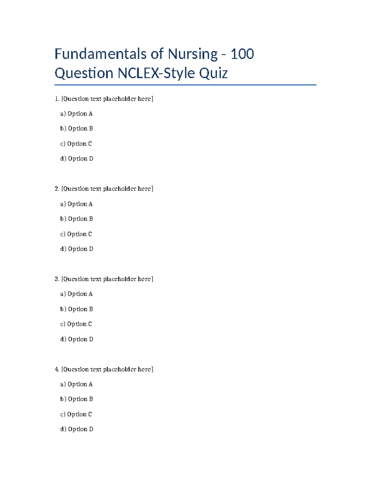 Fundamentals of Nursing 100 Question Quiz 1 - Studocu