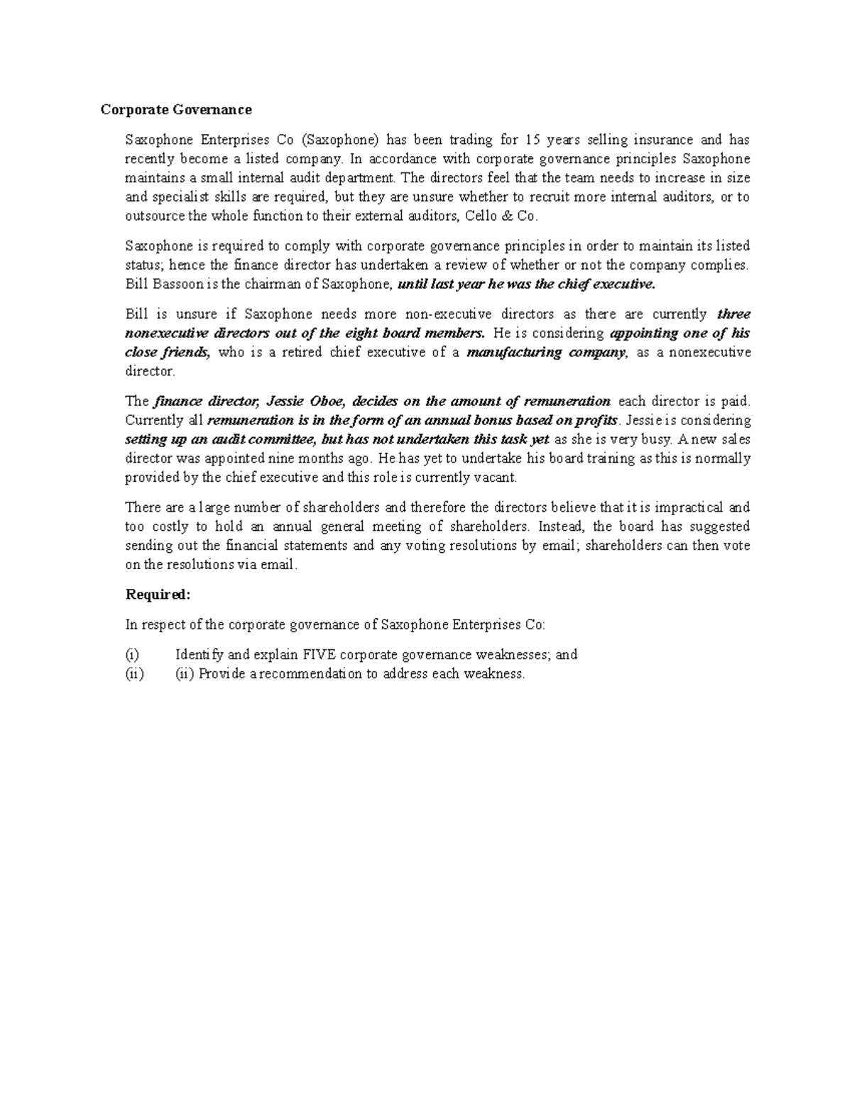 Corporate Governance Analysis and Recommendations - CG F8 ACCA - Studocu