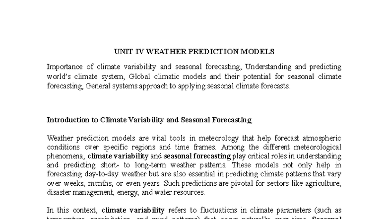 Unit IV - Weather Prediction Models: Climate Variability & Seasonal ...