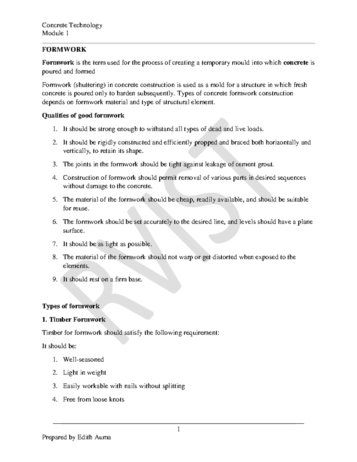 Concrete Technology Module 1: Formwork Class Notes - Studocu