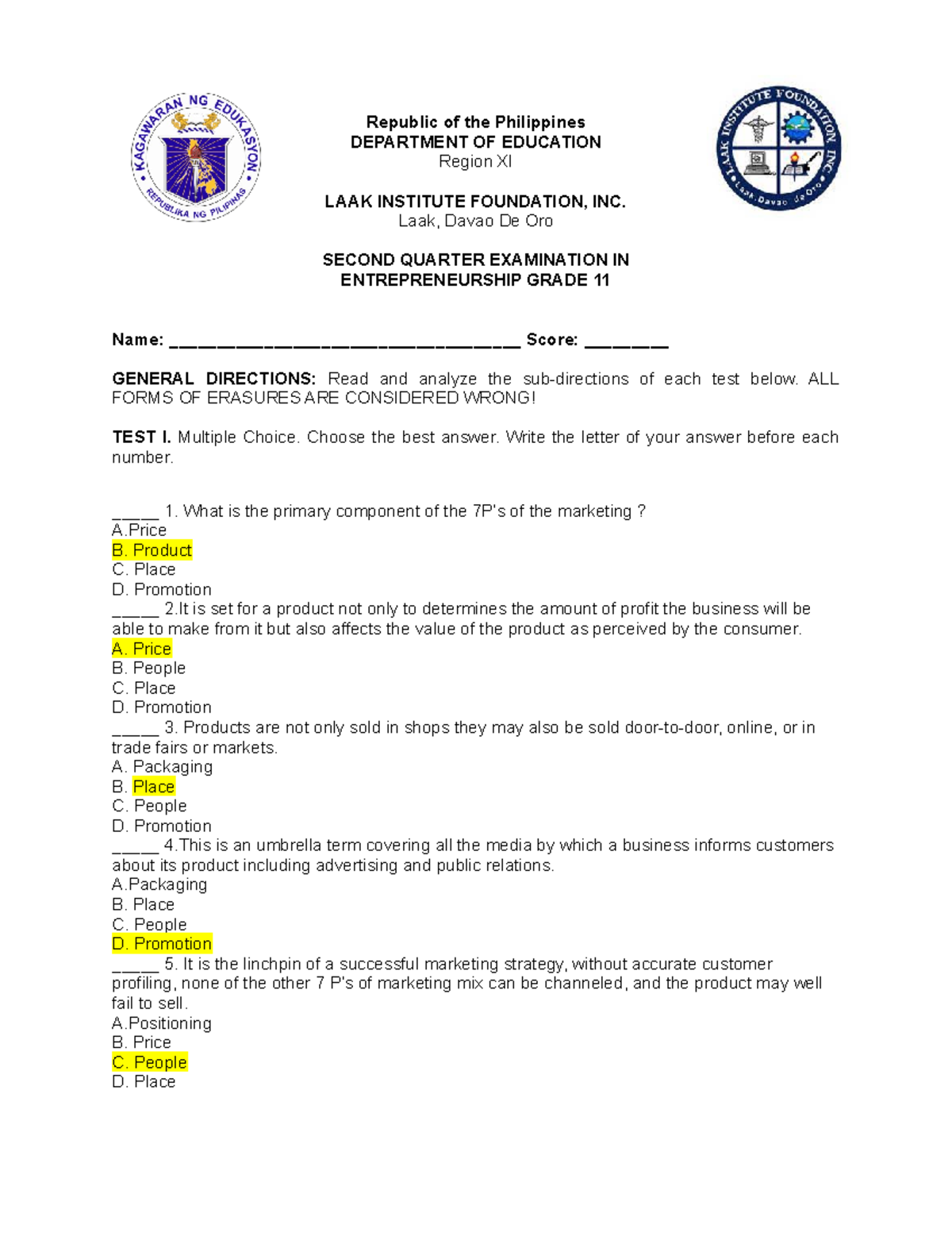 Entrepreneurship G11 2nd Quarter Exam Answer Key - Studocu