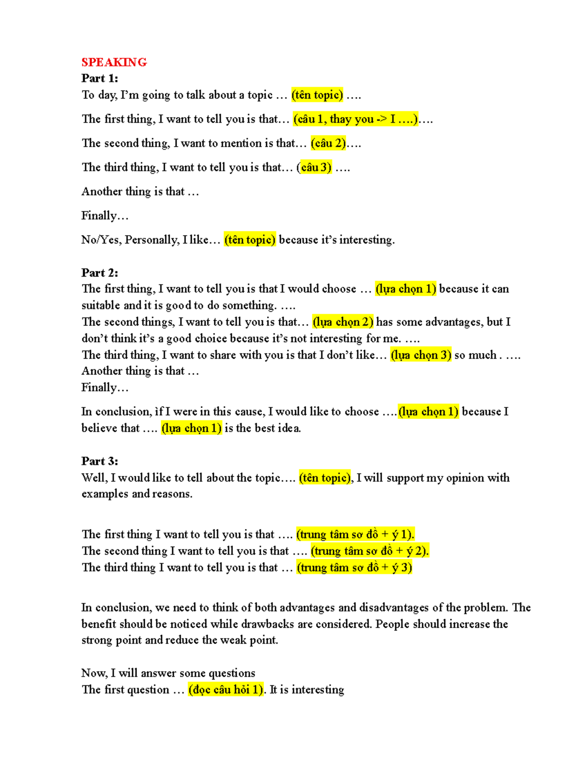 ÔN Vstep B1: Speaking Part 1 & 2 Guide with Examples - Studocu