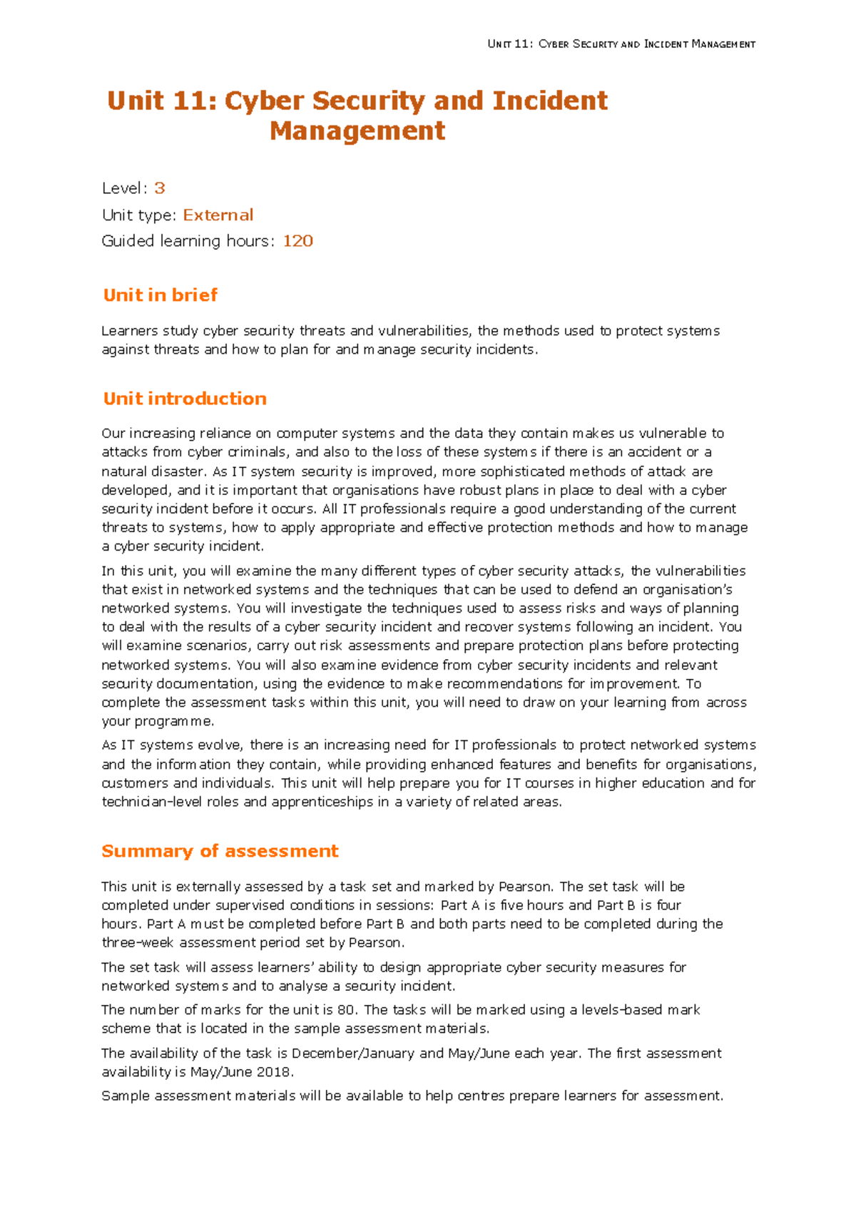 BTEC Level 3 Unit 11: Cyber Security & Incident Management Guide - Studocu