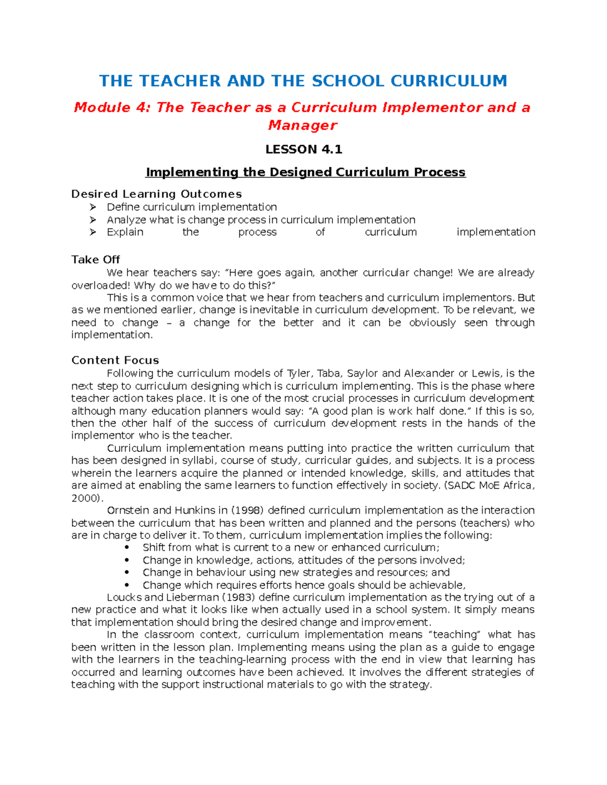 Curriculum Implementation Insights - ED 204 Module 4 Lessons - Studocu