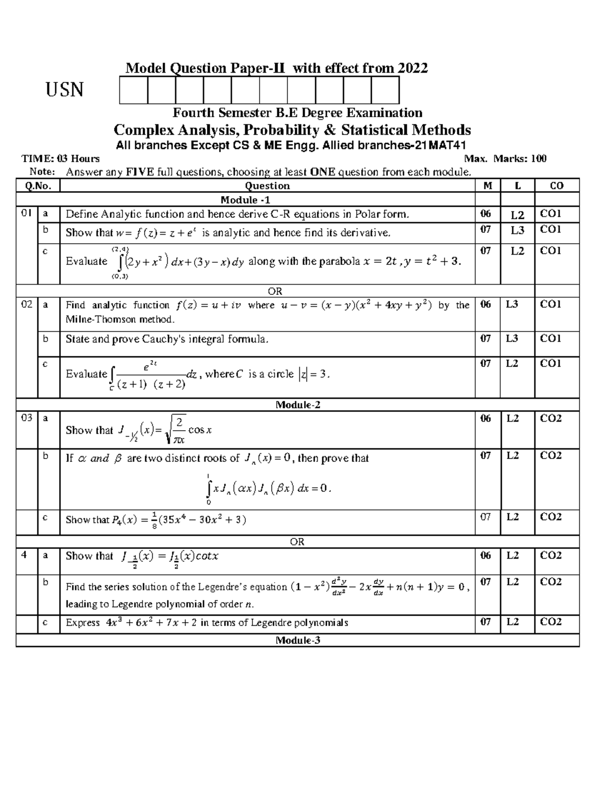 Model Question Paper II - 21MAT41 for Non-ME & CS Allied Branches - Studocu